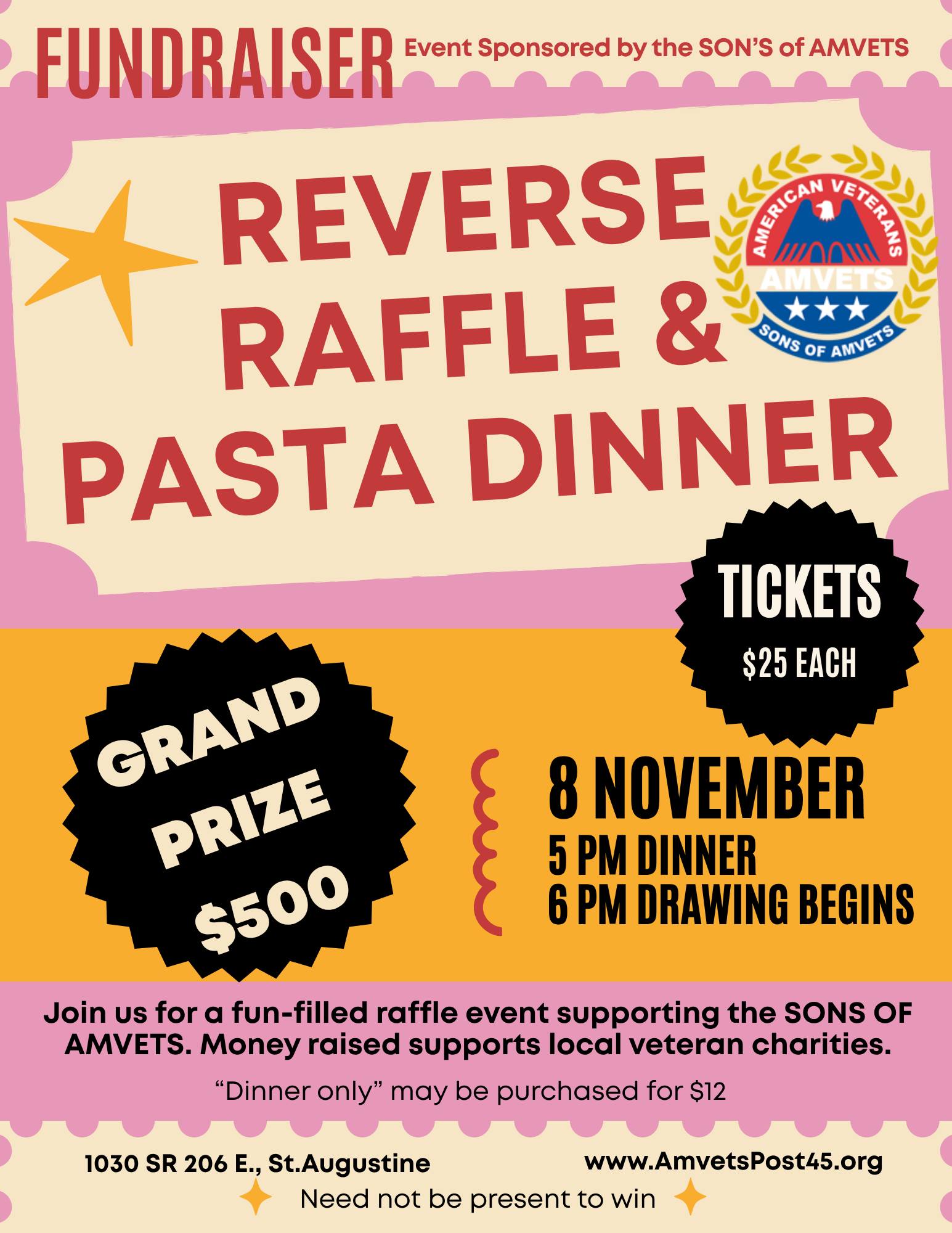 Reverse Raffle & Pasta Dinner – Amvets Post 45 St. Augustine